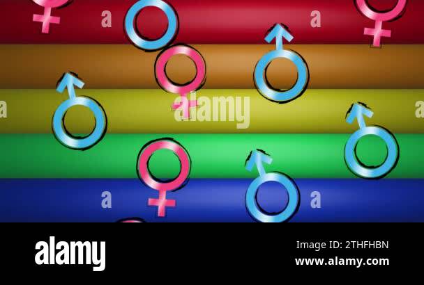 Animation of male and female symbols over rainbow stripes and colours ...