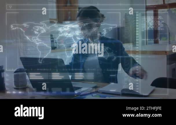 Digital map, programming code and moving graphs over caucasian woman ...