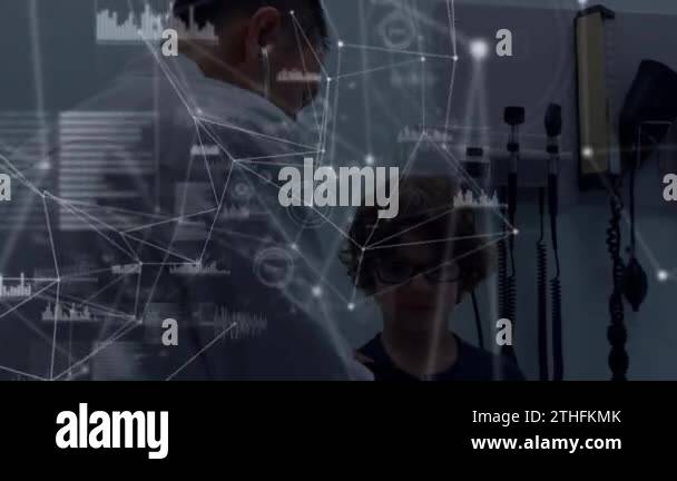 Animation of dots connecting with lines, graphs over asian doctor ...