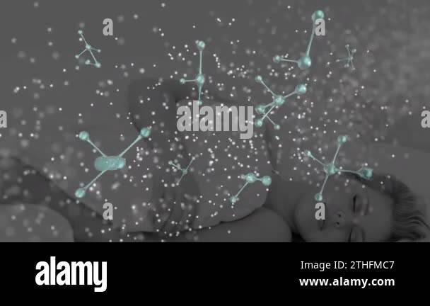 Animation Of Floating Dots Forming Dna Helix And Molecule Over Sleeping