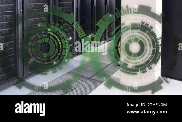 Animation of two green round scanner spinning against computer server room. Computer interface ...