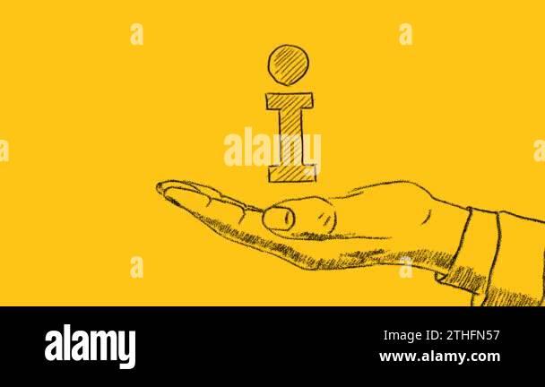Human hand and info icon drawn on yellow. First-hand information ...