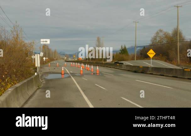 Highway closure due to a flood, road destroyed in Canada with traffic ...