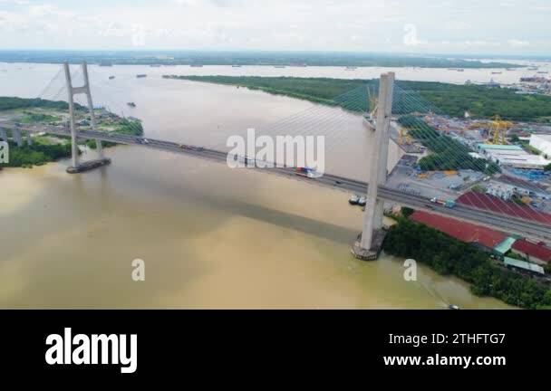 Drone view of Phu My bridge in Ho Chi Minh city, Vietnam. This is the ...