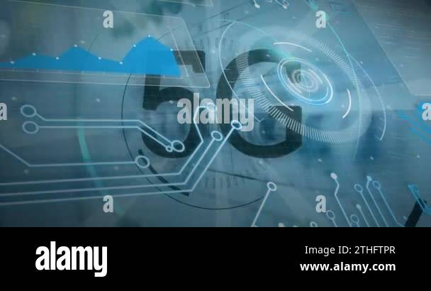 Animation of 5g text, scopes scanning and data processing over server. Global connections, data ...