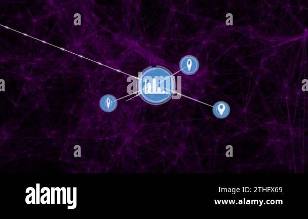 Animation of lines connecting dots with graphs, map pin icons on digital interface. Digital ...