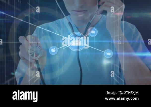 Animation of mail icons connecting with lines over caucasian doctor ...