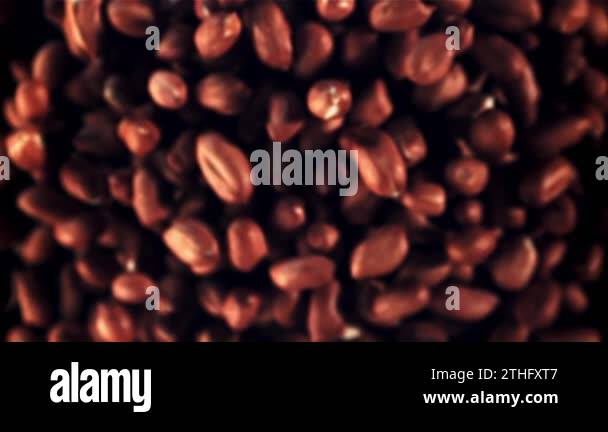 Peanuts fly up and rotate in flight. Top view. Macro background.Filmed ...