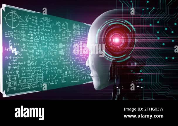 hominoid AI robot looking at hologram screen in concept of math calculation and scientific ...