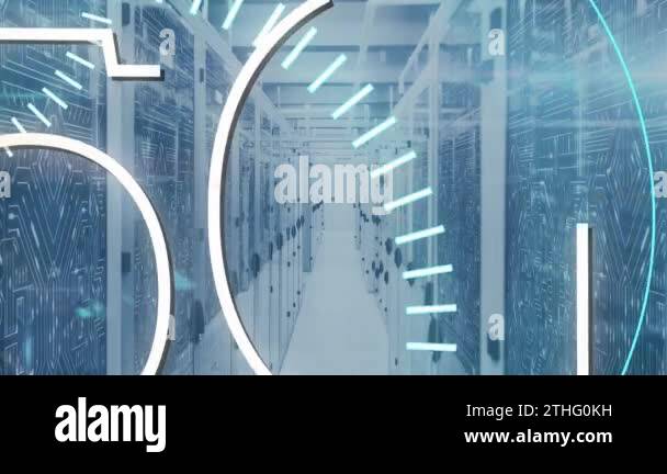 Animation of 5g text with scope scanning over server room. Global technology, computing and ...