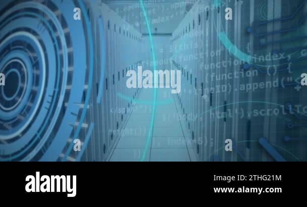 Animation of 5g text, scopes scanning and data processing over servers. Global connections, data ...