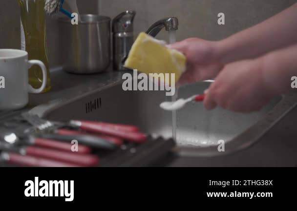 Close-up of a female hand washing kitchen sink utensils at home in the ...