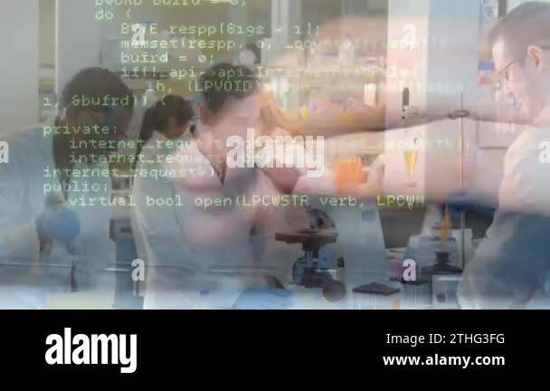 Animation of cropped fingers typing on keyboard over diverse scientists discussing in laboratory ...