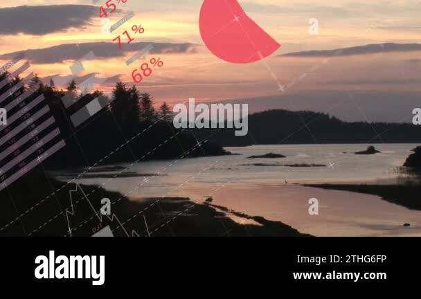 Animation of graphs and programming codes moving over scenic view of ...