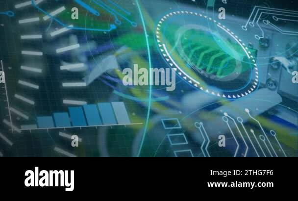 Animation of 5g text, scopes scanning and data processing over server. Global connections, data ...