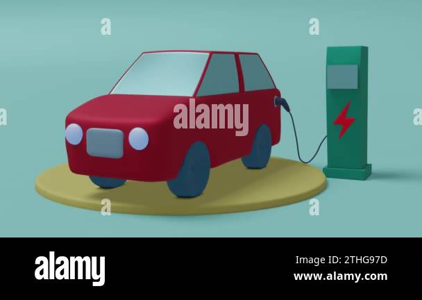 Cartoon electric car of red color stands near charging station and ...