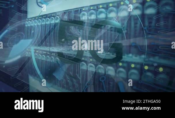 Animation of 5g text, scopes scanning and data processing over server. Global connections, data ...