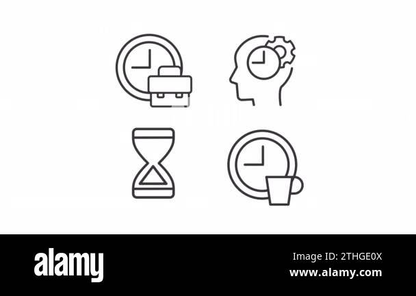 Animated work time linear icons. Working hours. Coffee break. Thinking ...