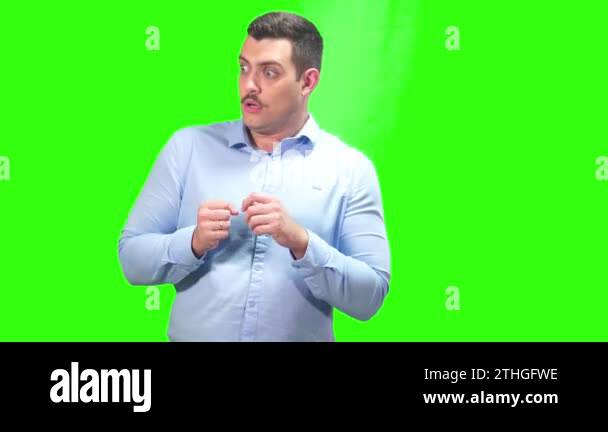 man with mustache in blue shirt office worker scared on green screen ...