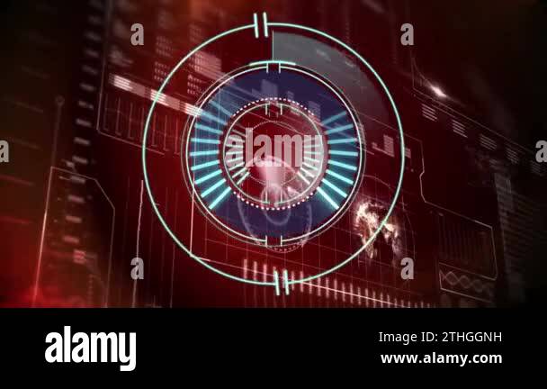 Animation of scope scanning over data processing on red background. global technology, computing ...