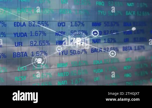 Animation of stock market ticker and digital computer icons connecting ...