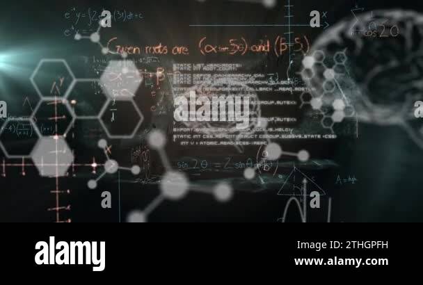 Animation of digital screen with scientific data, brain and math ...