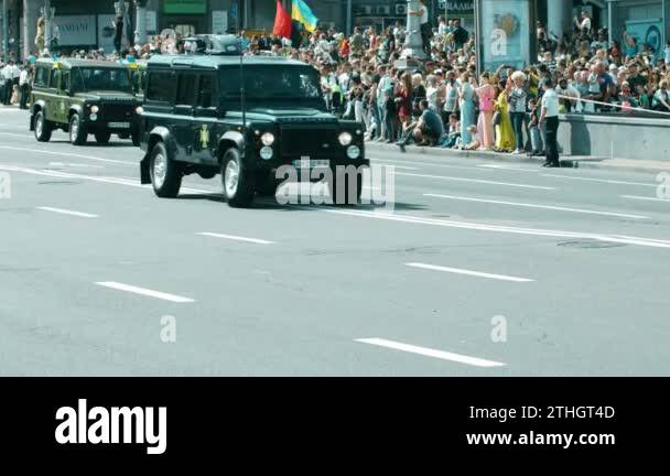 Kyiv, Ukraine 08.24.2021 Military armored vehicles Land Rover, KRAZ ...
