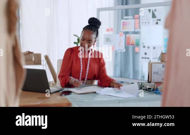 Phone call, fashion designer and black woman doing networking and work ...