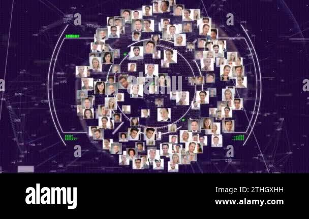 Animation of data processing and scope scanning over globe and diverse business people icons ...