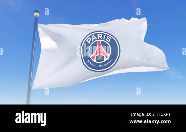 Paris Saint-Germain football club logo in weaving flag in clear sky ...
