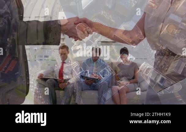 Multiple exposure of caucasian partners handshake, applicants sitting ...