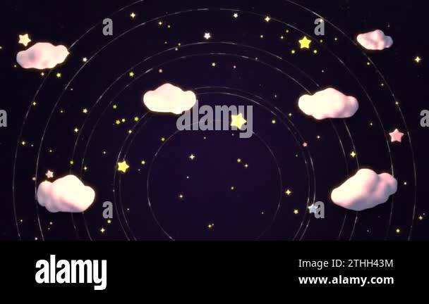 Looped cartoon glowing yellow stars, white clouds, and circular star ...