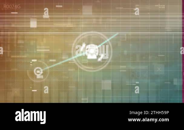 Animation of graphical people icons connecting with lines with grid patterns over moving graph ...