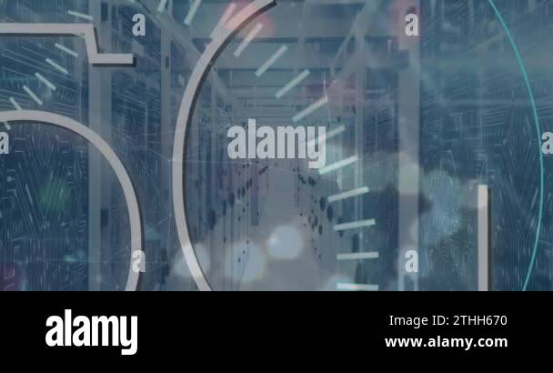 Animation of 5g text and scope scanning over city and server room. Global business and digital ...
