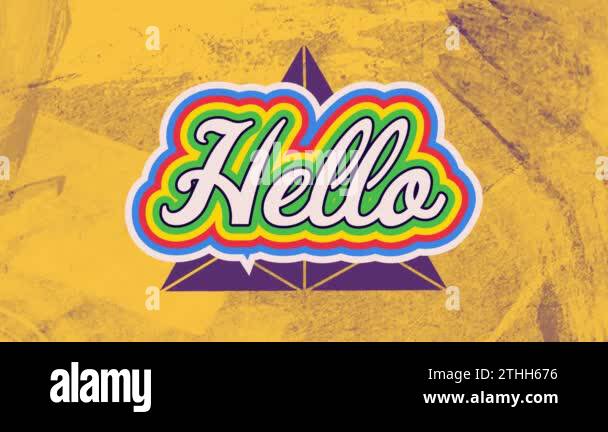 Animation of hello text over yellow shapes on purple background. Global ...