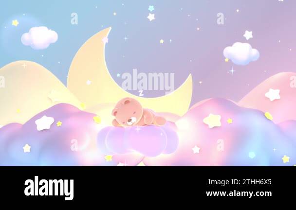 Looped cute little bear sleeping on soft pastel pink clouds with ...