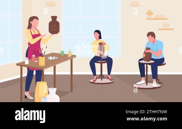 Animated pottery class illustration. Ceramists students working on ...