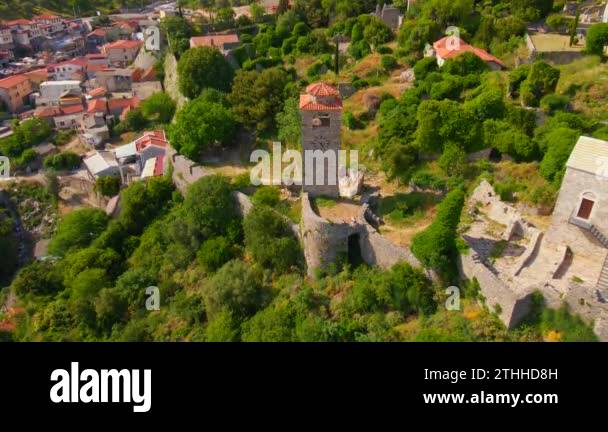 The drone footage captures the stunning ruins of Stari Bar, with stone ...