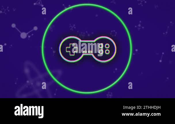 Animation of video game controller over neon circle on purple ...