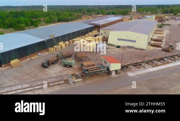 Crane Unloads Logs On The Sorting Line Automated Log Sorting At A Sawmill Aerial View 