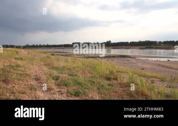 Extreme low water line in river Rhine Dsseldorf in extreme drought with ...