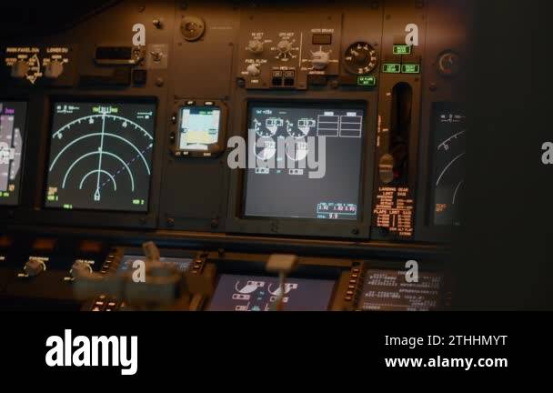 Airplane cockpit with flying command on control panel and dashboard for ...