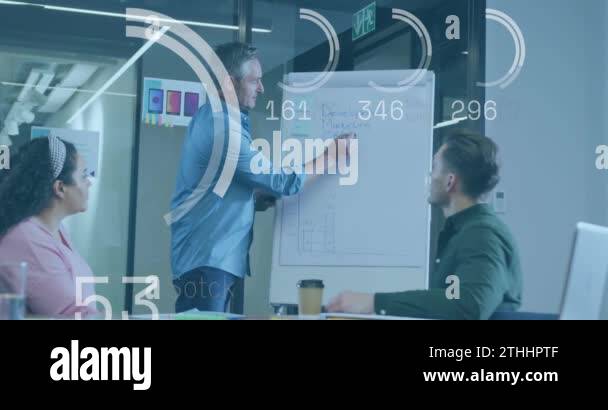 Animation of loading circles, numbers over diverse manager explaining ...