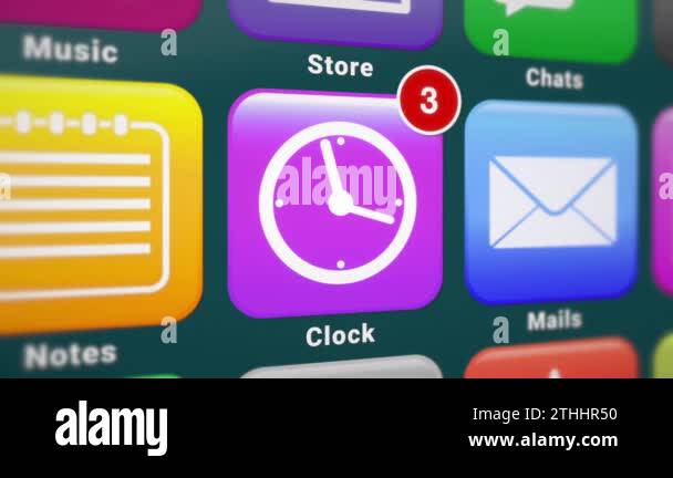 Video animation of a smartphone screen. In focus a clock app with ...