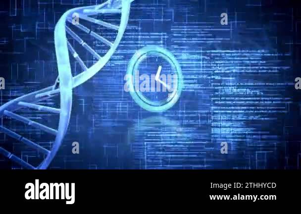 Animation of clock with dna helix over computer language against ...