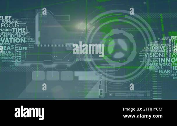 Animation of graphical infographic interface with fingerprints, programming data and motivating ...