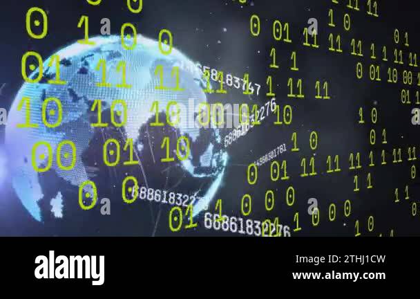 Animation of binary coding over globe on black background. Global business and digital interface ...