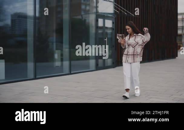 Happy Caucasian Woman Walking with Pet Friend, Dancing, Hugging ...