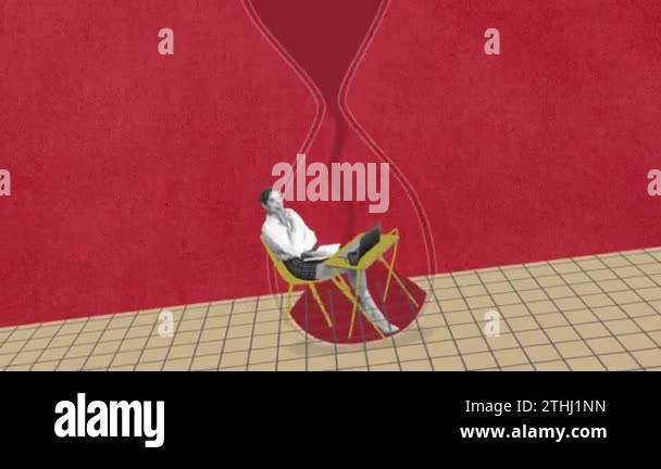 Young woman, employee sitting inside hourglass and working. Time ...