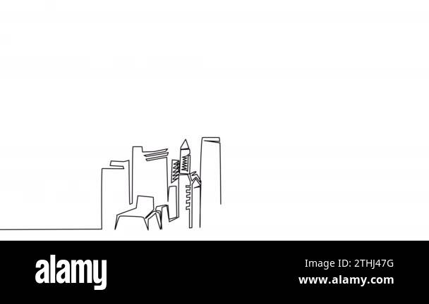 Self-drawing of a large metropolis with one line on a white screen. The ...